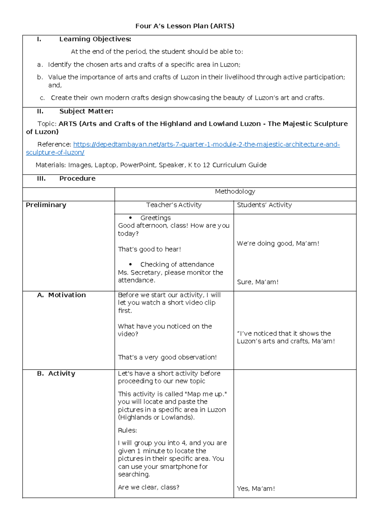 4as-ARTS - LESSON PLAN - Four A’s Lesson Plan (ARTS) I. Learning ...
