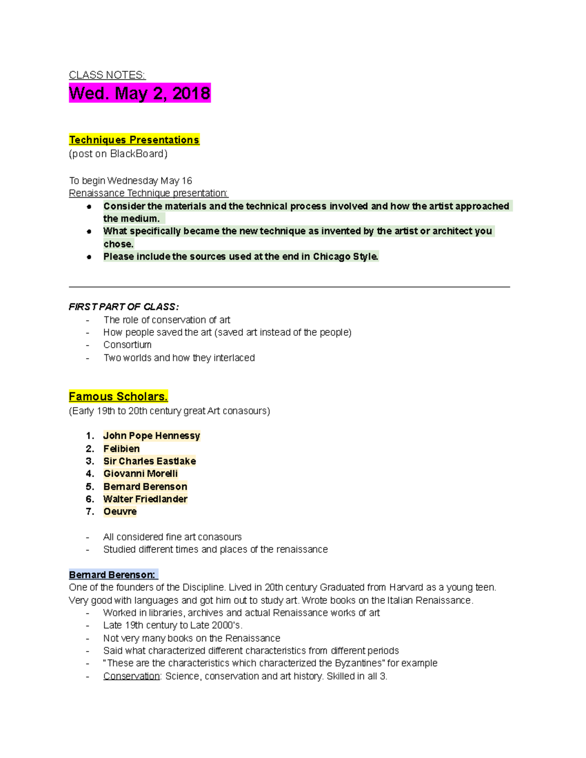 Renaissance Notes - CLASS NOTES: Wed. May 2, 2018 Techniques ...