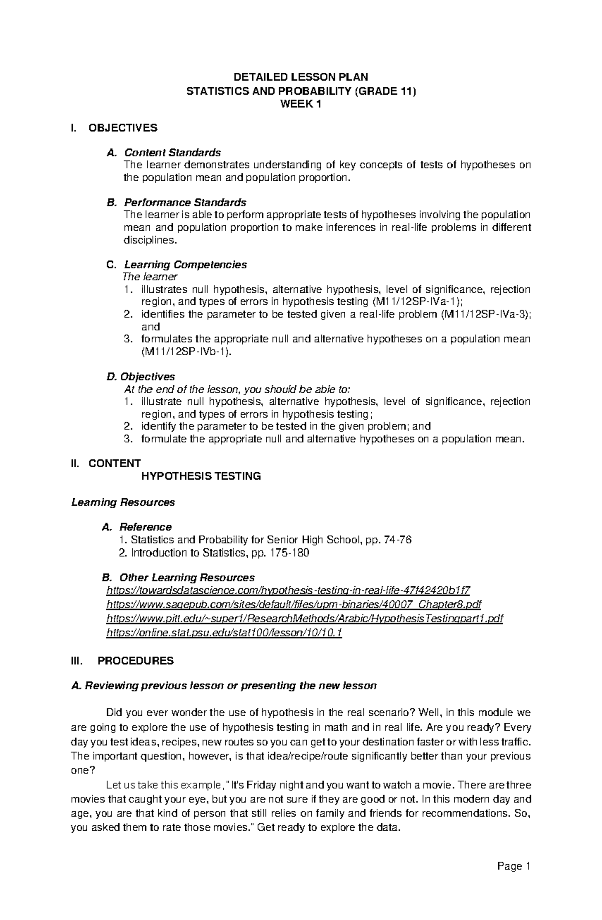 Q4 Week 1 Statistics and Probability - DETAILED LESSON PLAN STATISTICS ...