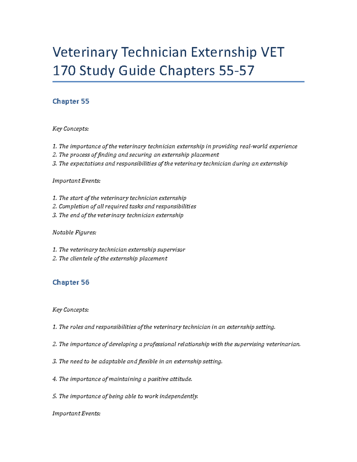 Veterinary Technician Externship VET 170 Study Guide Chapters 55-57 ...