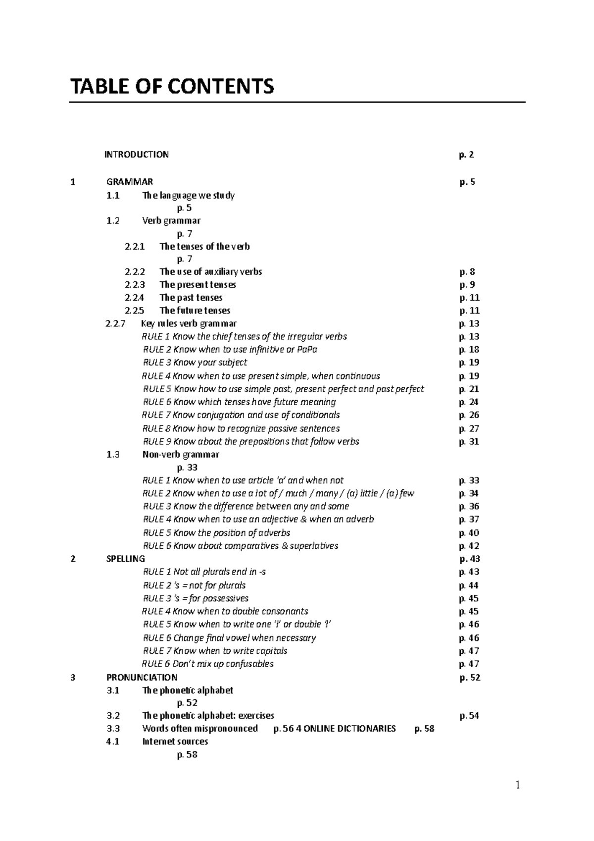 Syllabus English 1 - Cursus engels - TABLE OF CONTENTS INTRODUCTION p ...