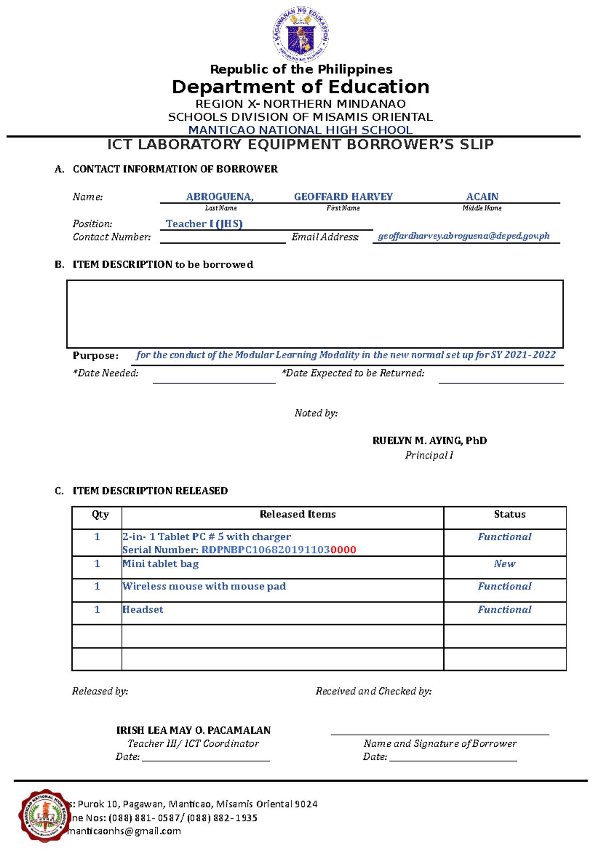 ICT Form - ICT Forms - Department of Education REGION X- NORTHERN ...