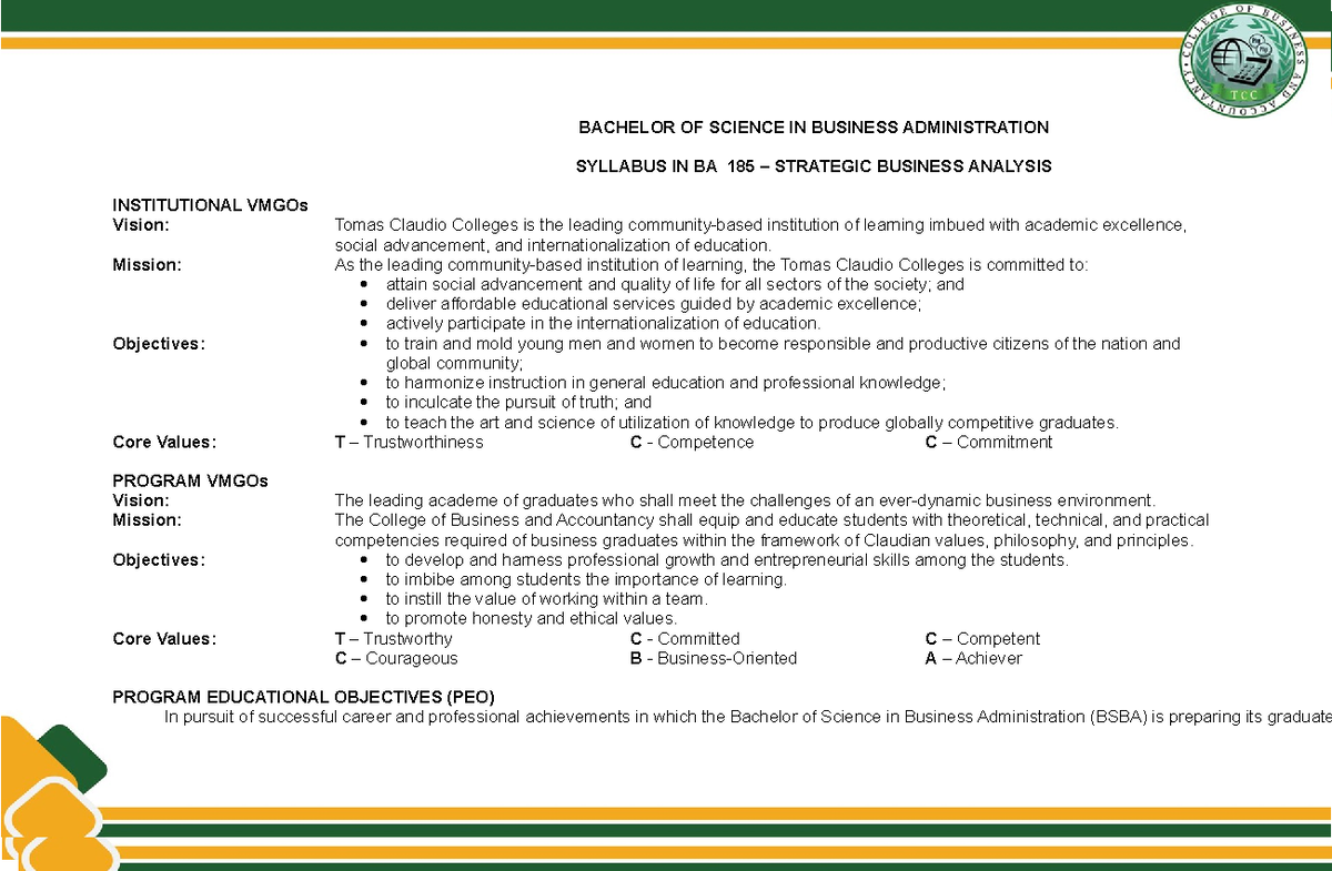 BA 185 Strategic Business Analysis class - BACHELOR OF SCIENCE IN ...
