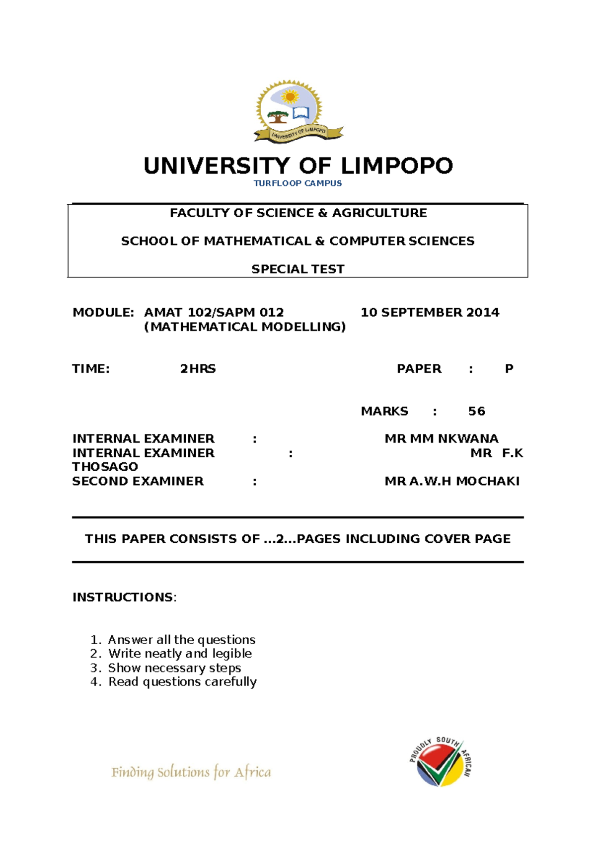 Special Test (10 September 2014 ) - UNIVERSITY OF LIMPOPO TURFLOOP ...