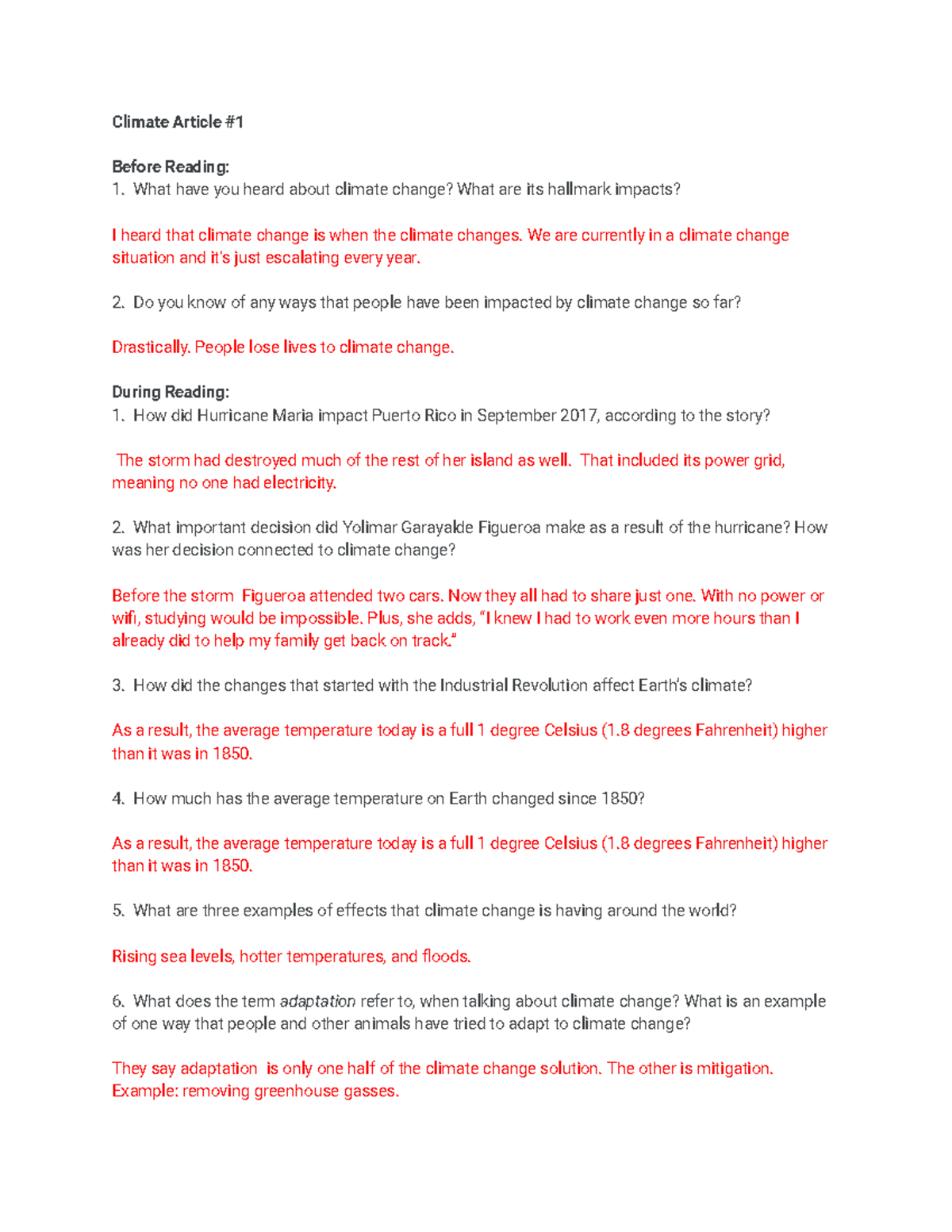 Climate Chronicles #1 - Climate Article # Before Reading: What have you ...