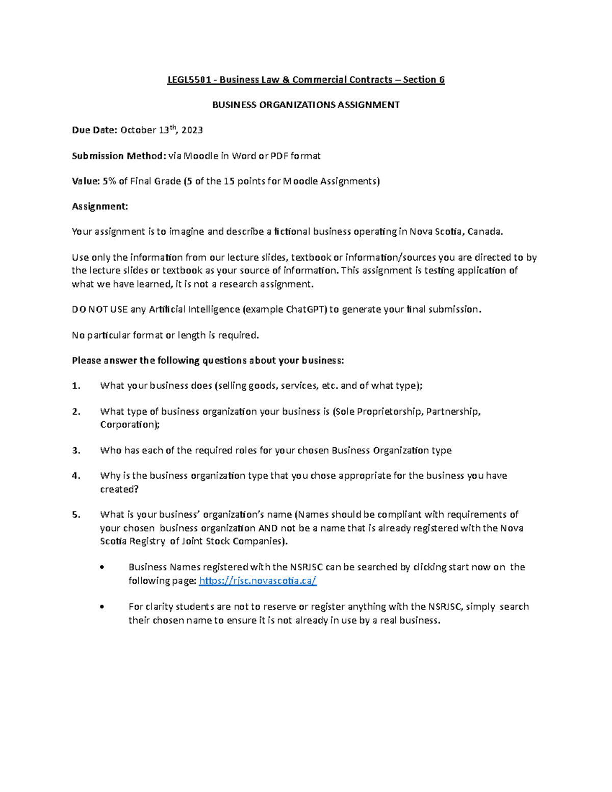 Bus Org Assignment Instructions Section 6 - LEGL5501 - Business Law ...