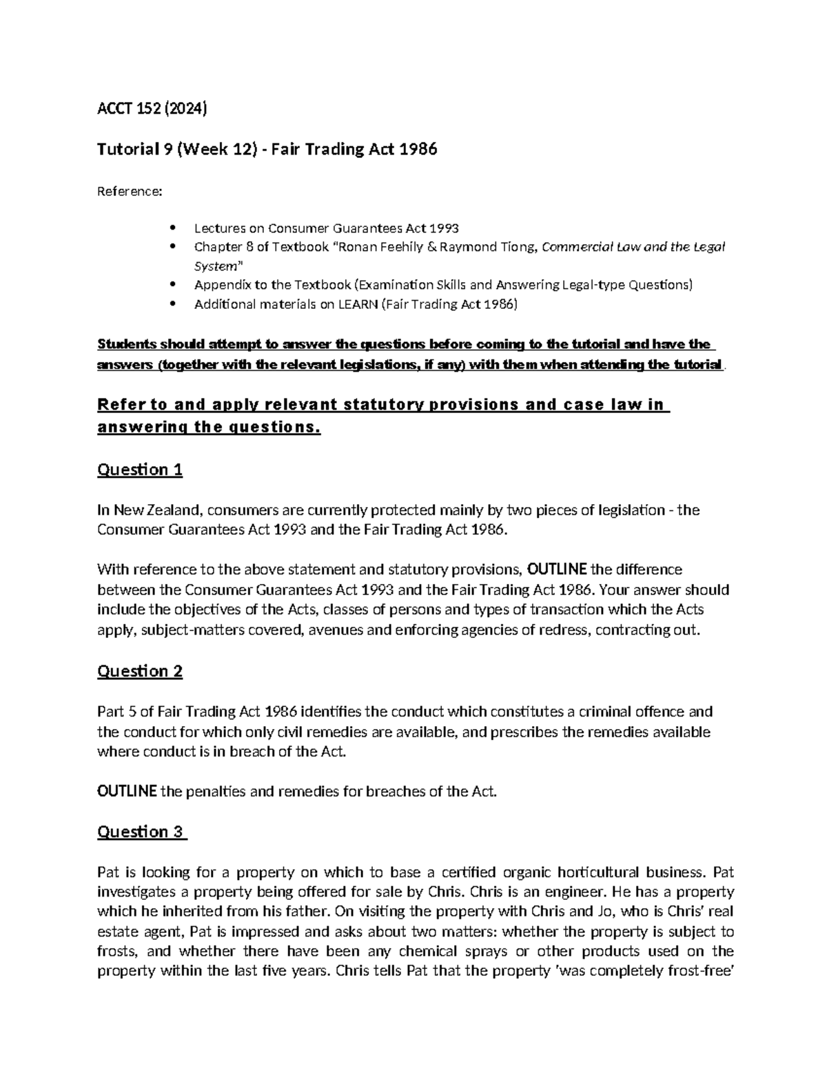 01 Tutorial 9 (Week 12) (2024) Qs - ACCT 152 (2024) Tutorial 9 (Week 12) - Fair Trading Act 1986 ...
