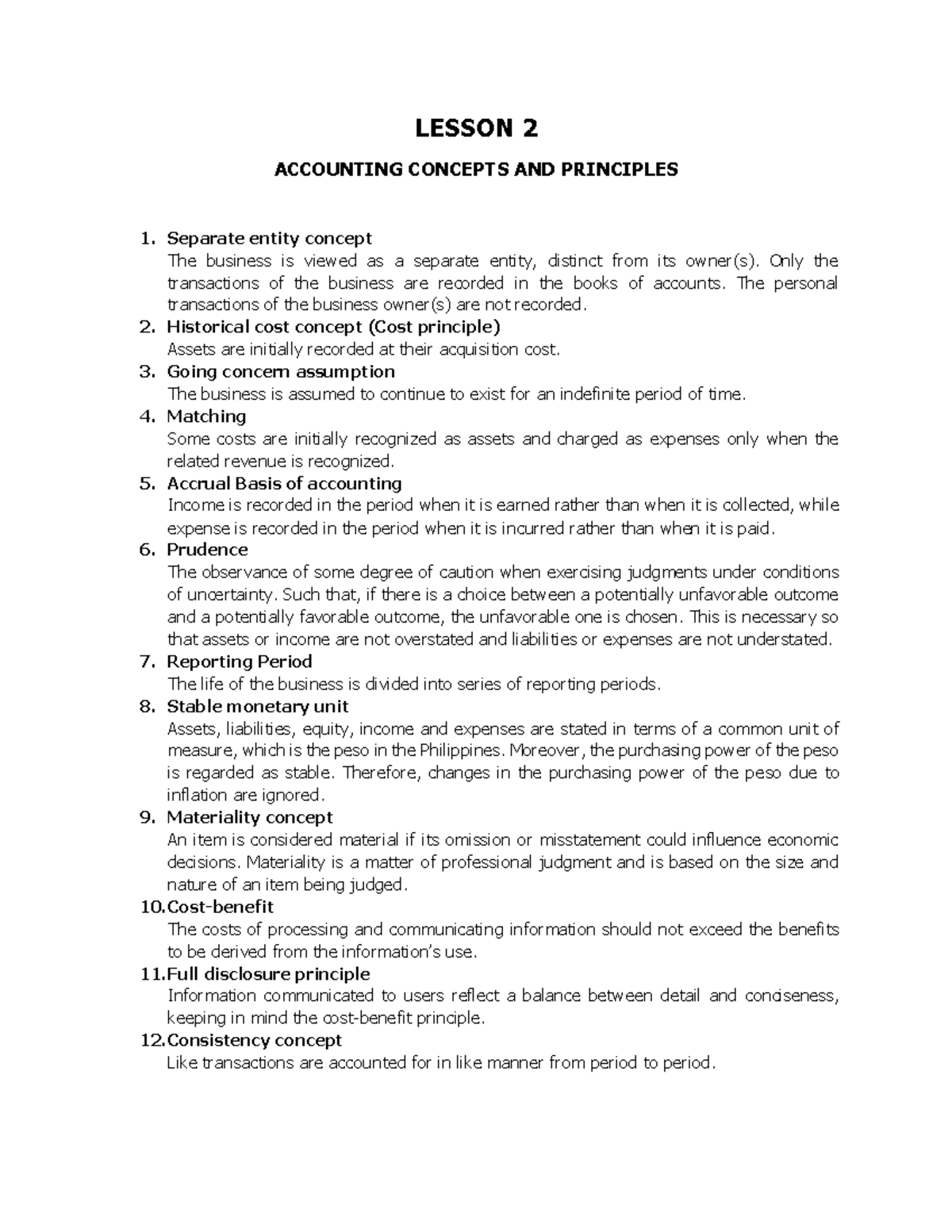 Lesson 2 Accounting Concepts And Principles Lesson 2 Accounting
