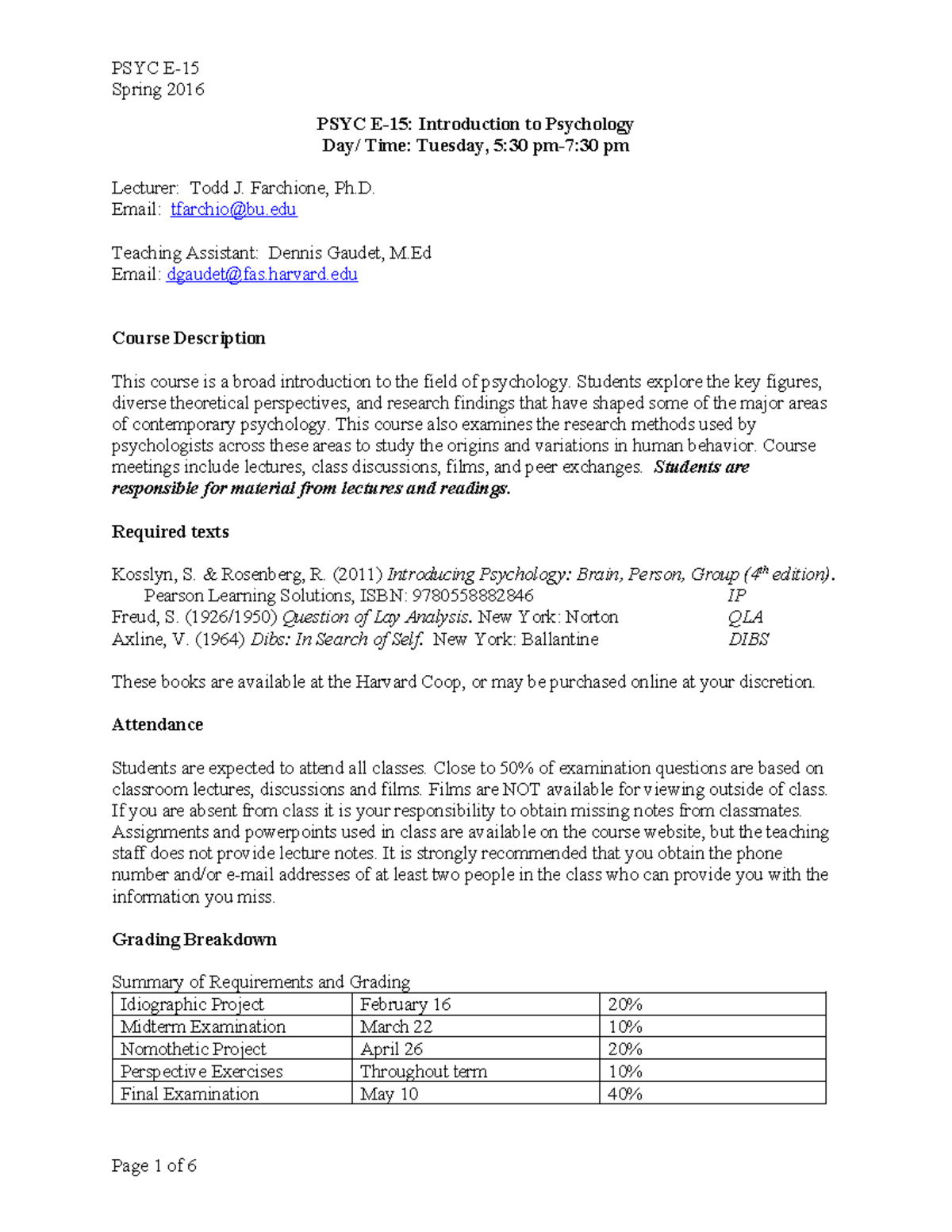 PSYC E-15syllabus sp2016 - Spring 2016 PSYC E-15: Introduction to ...