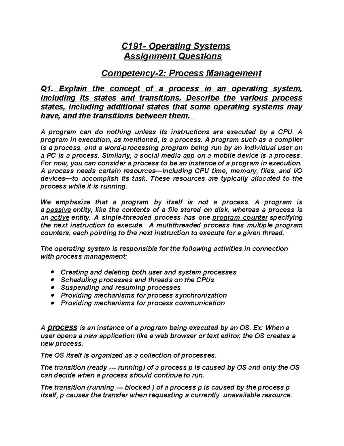C191 Competency 2 Process Management - C191- Operating Systems Assignment Questions Competency-2 ...