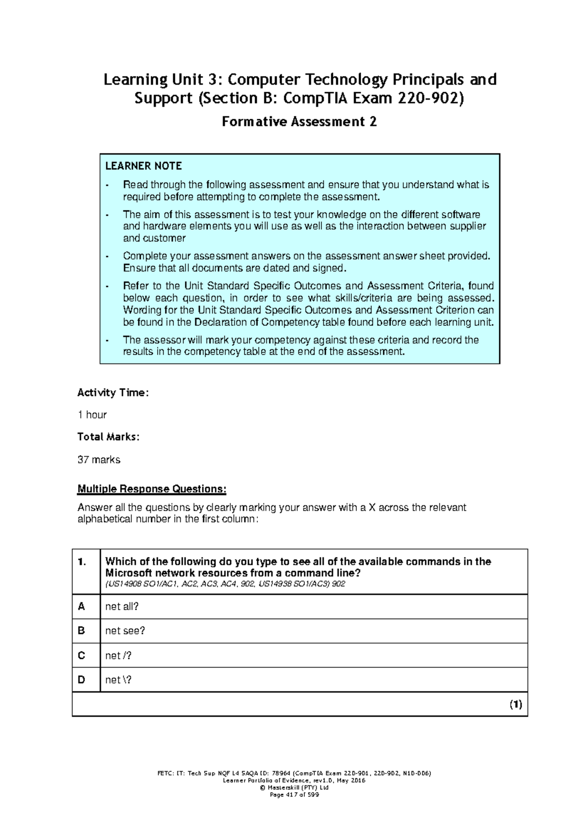 LU3 Sec B FA2A NQF95-369Po E rev1 - FETC: IT: Tech Sup NQF L4 SAQA ID ...