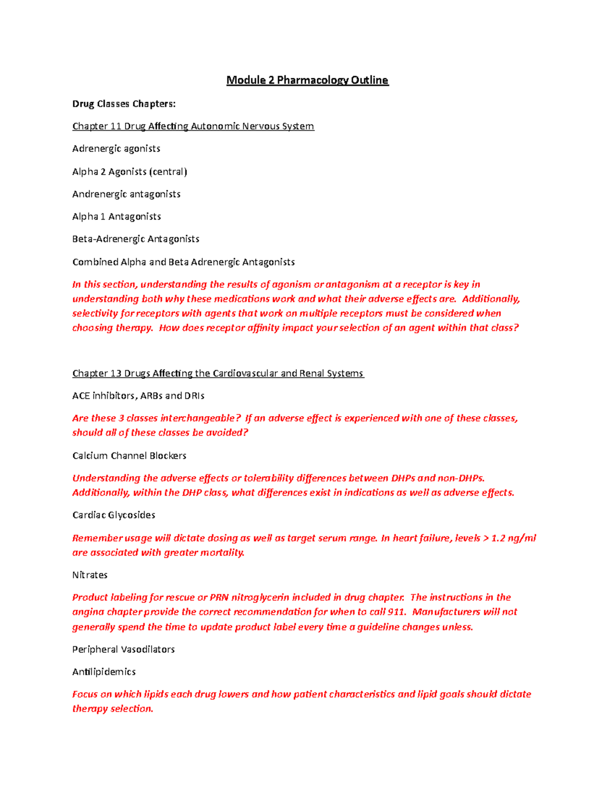 Module 2 Study Guide - Module 2 Pharmacology Outline Drug Classes ...