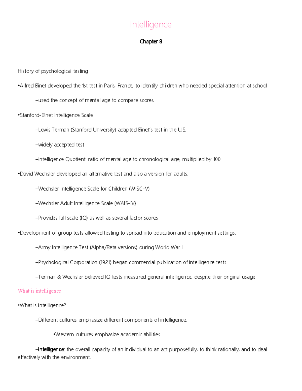 Psychology ^F chp. 8 - Chapter 8: Intelligence - Intelligence Chapter 8 History of psychological ...