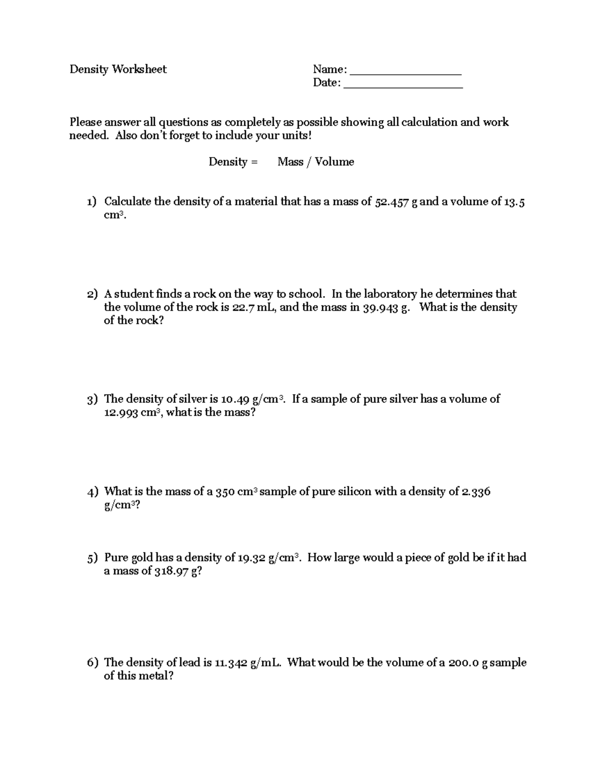 Density Worksheet - Also don’t forget to include your units! Density ...