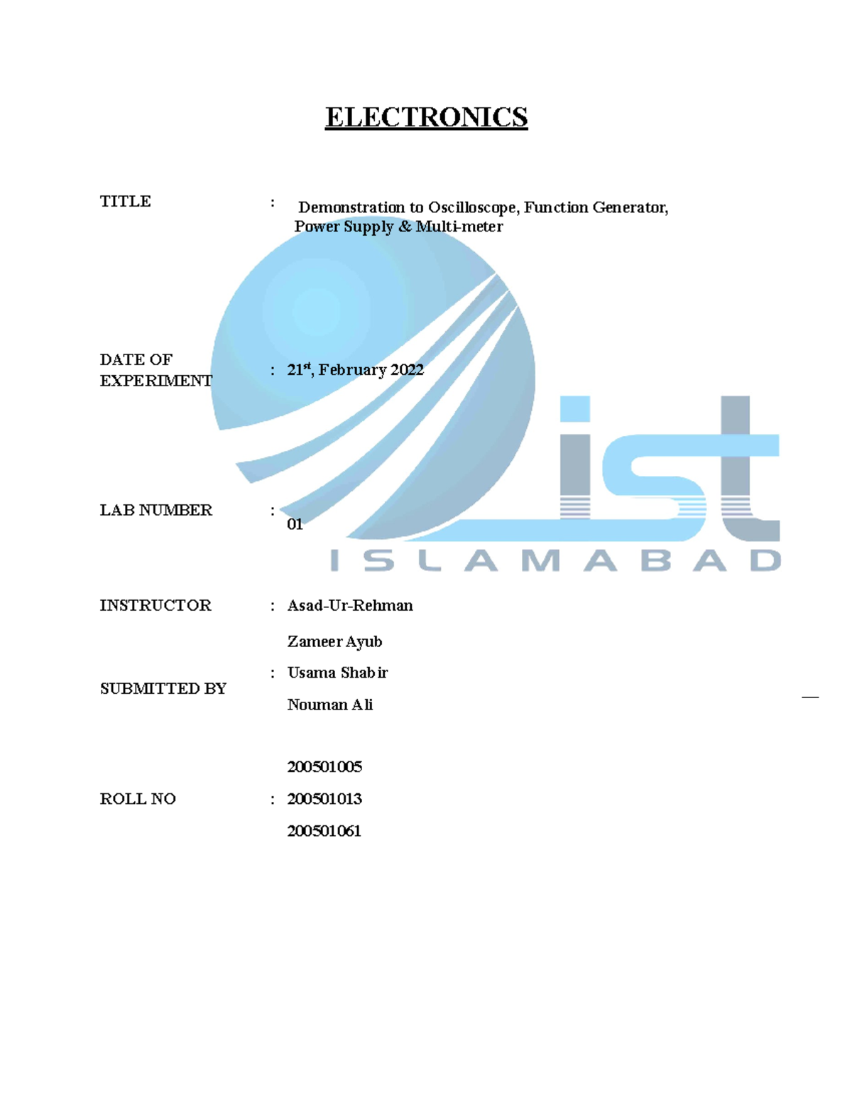 Electronics Lab Report 01 - ELECTRONICS TITLE : Demonstration to ...