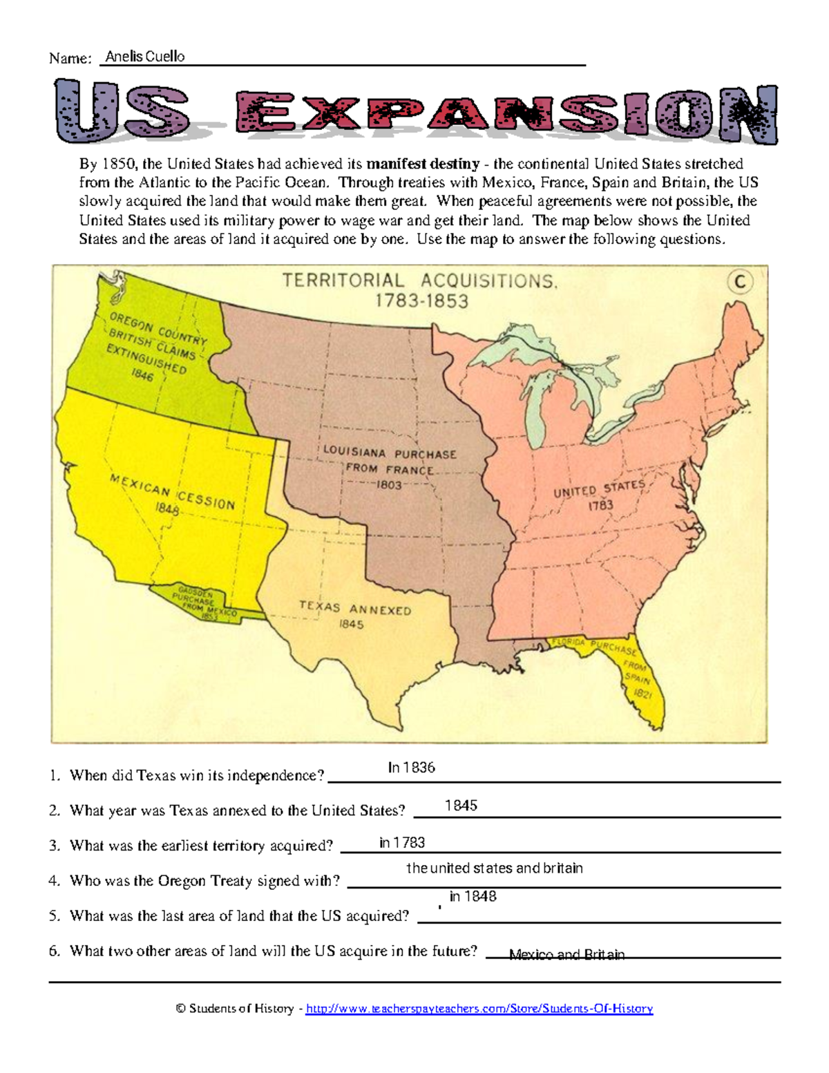 Anelis Cuello - 03 - US Expansion Map - Name: By 1850, the United ...