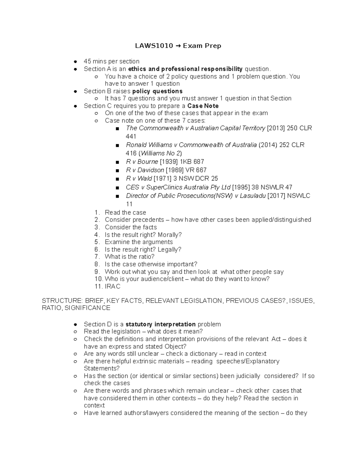 LAWS1010 Exam Prep - Exam prep notes - LAWS1010 → Exam Prep 45 mins per ...