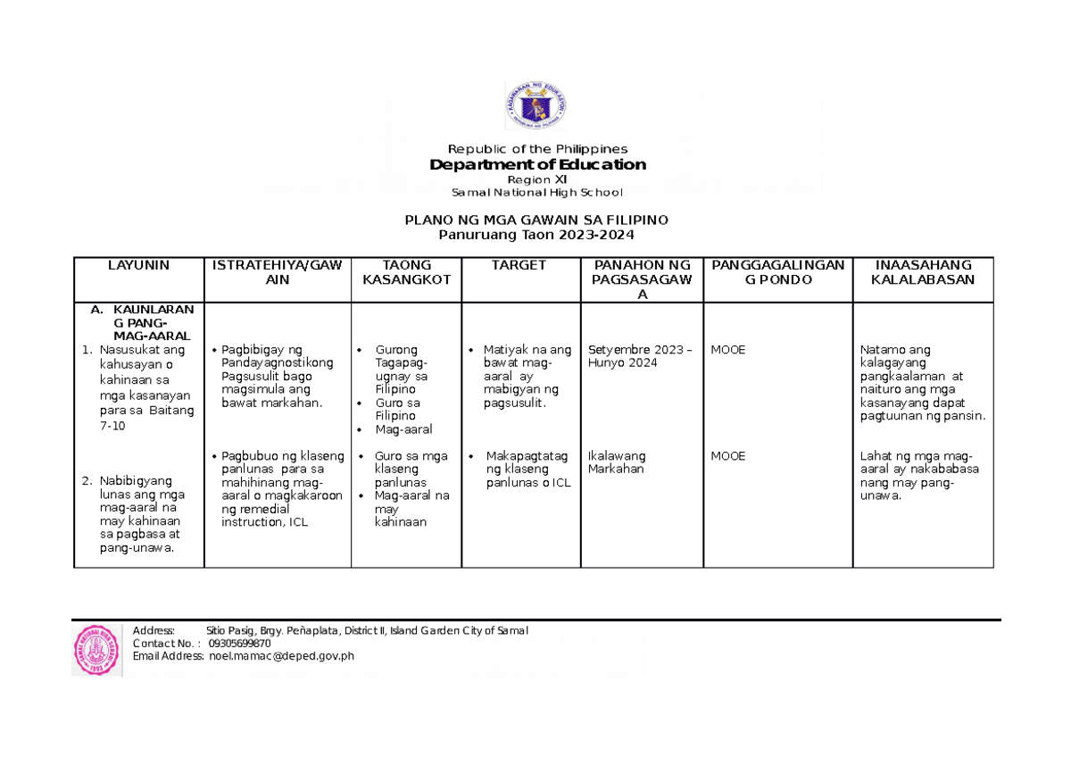 Action PLAN-Filipino PT 2023-2024 - PLANO NG MGA GAWAIN SA FILIPINO ...