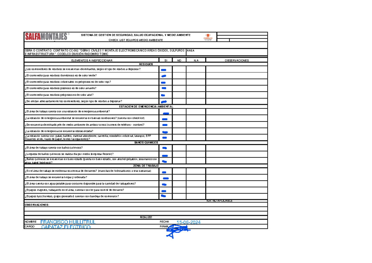 1. Check List Ambiental Equipos MA RT-3 - SI NO N ¿Se encuentra identificado jefe de medio ...