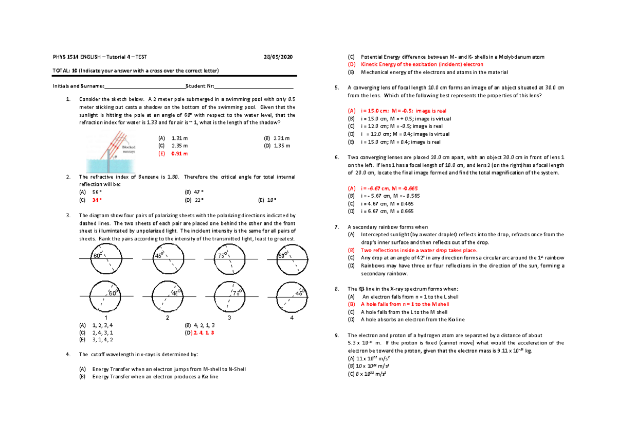 2020 PHYS 1514 Tutorial 4 TEST - PHYS 1514 ENGLISH – Tutorial 4 – TEST ...