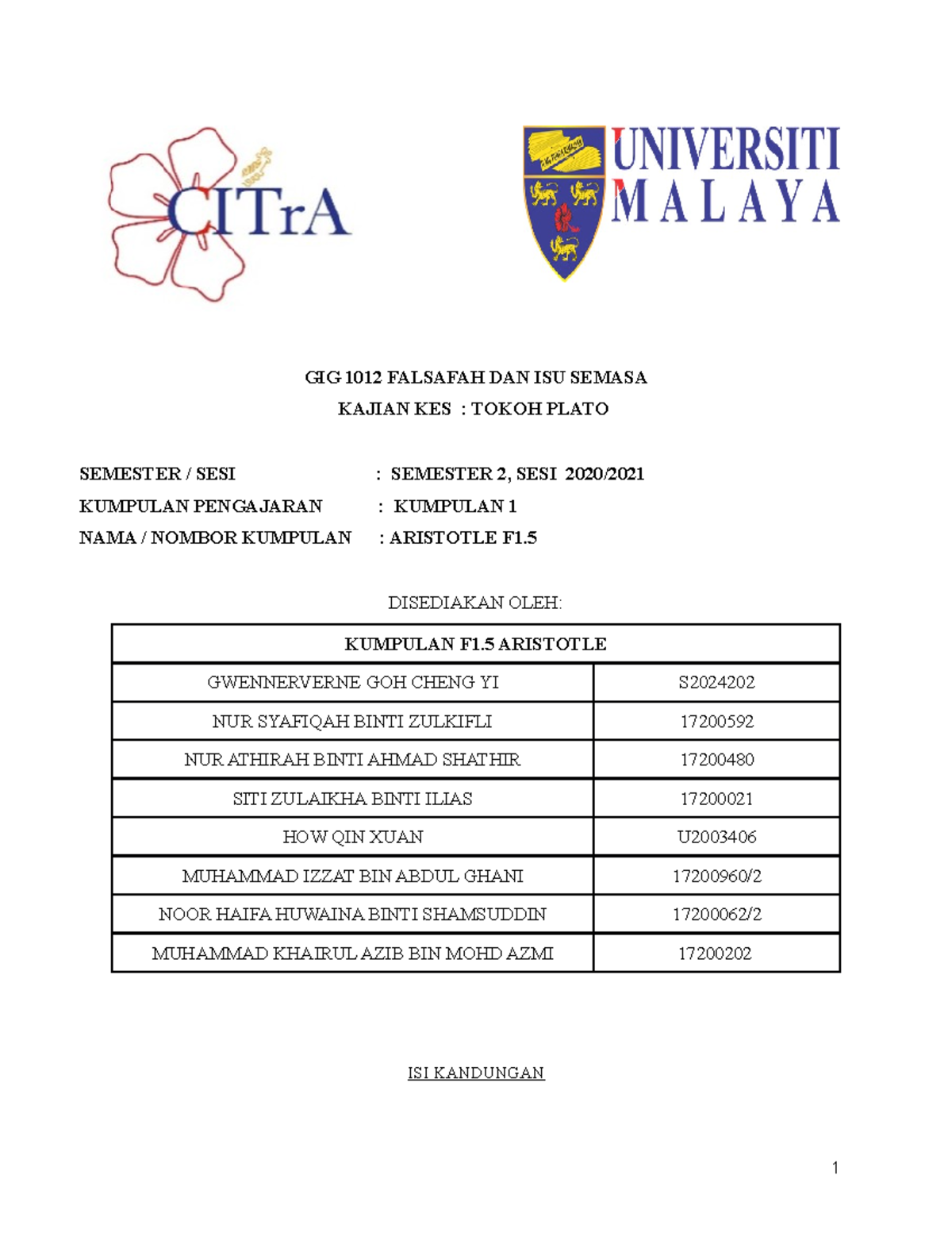 F1.5 Laporan Kajian Kes Tokoh Plato - GIG 1012 FALSAFAH DAN ISU SEMASA ...