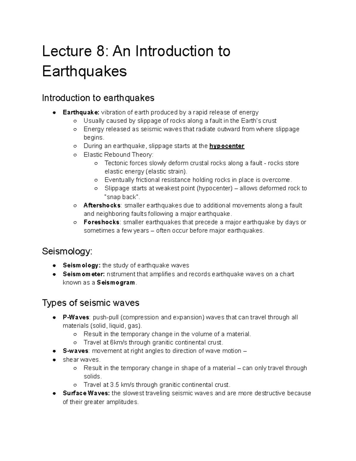 Lecture 8: An introduction to earthquakes - Lecture 8: An Introduction ...