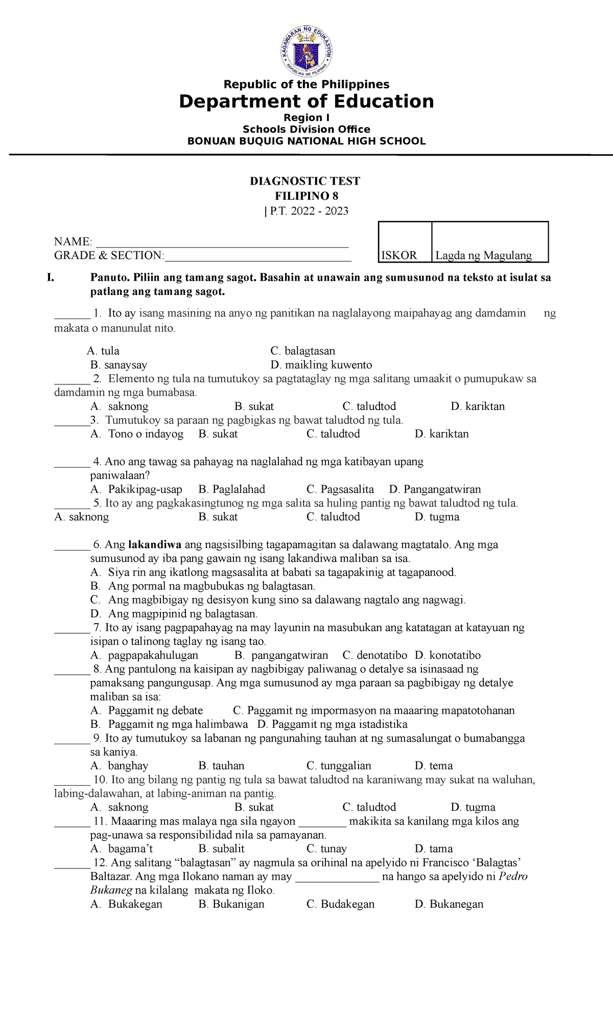2ND. Diagnostic - Practice - Republic of the Philippines Department of ...