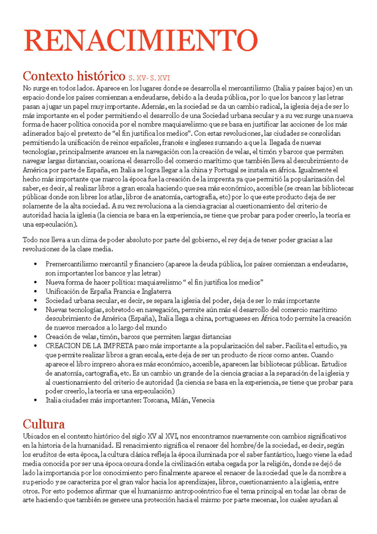 Renacimiento - resumen - RENACIMIENTO Contexto histórico S. XV- S. XVI ...