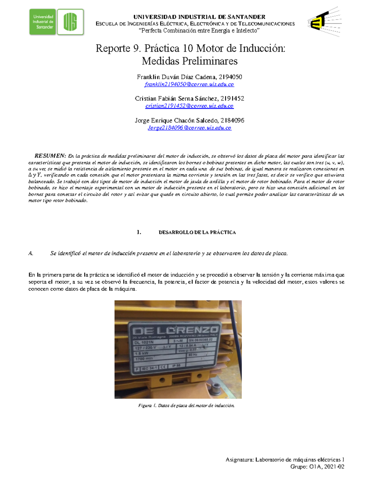 Reporte 9 - practica de laboratorio de maquinas electricas 1 en el cual se da a saber todos ...