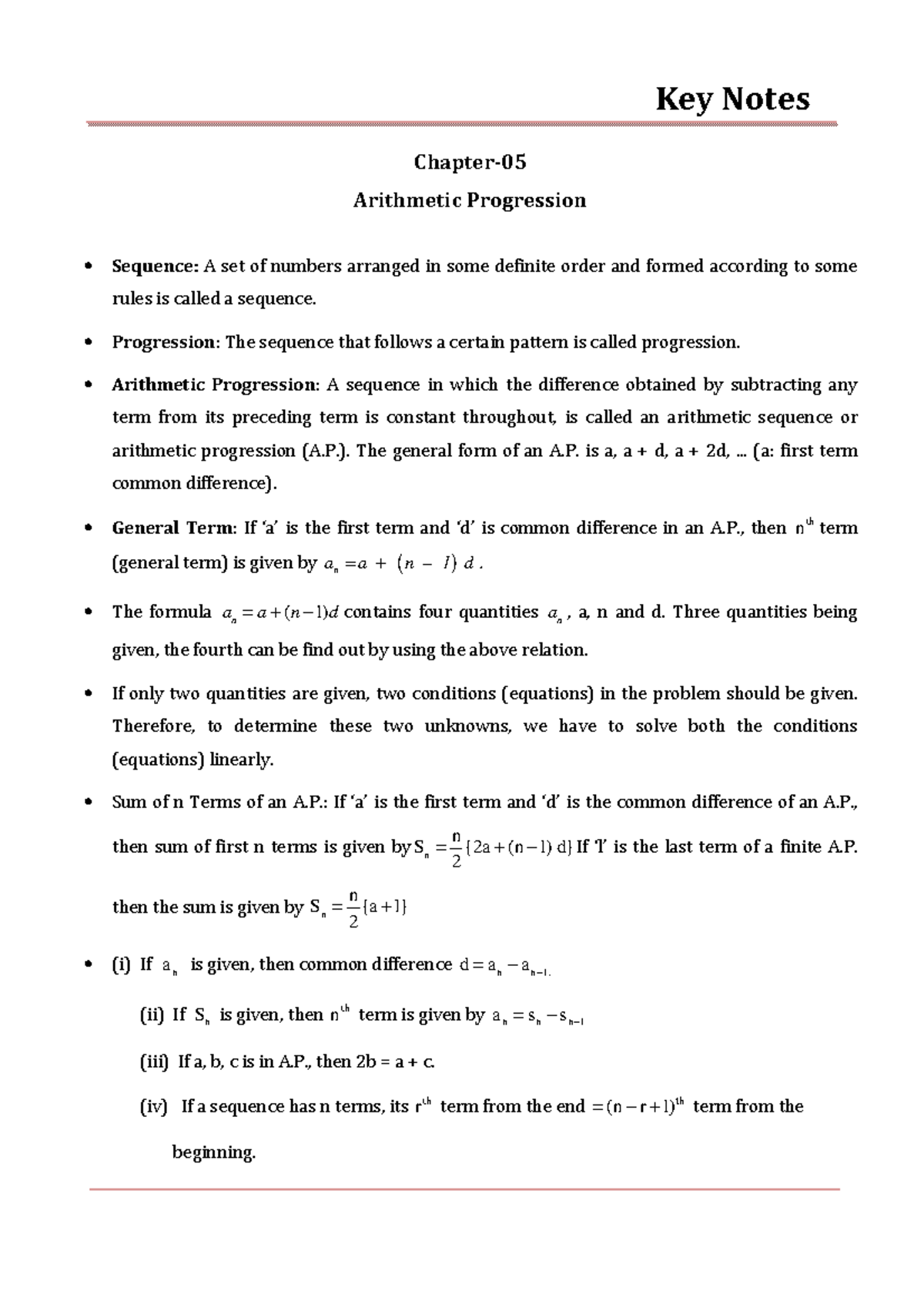 Arithmetic Progression - Key Notes Chapter- Arithmetic Progression ...