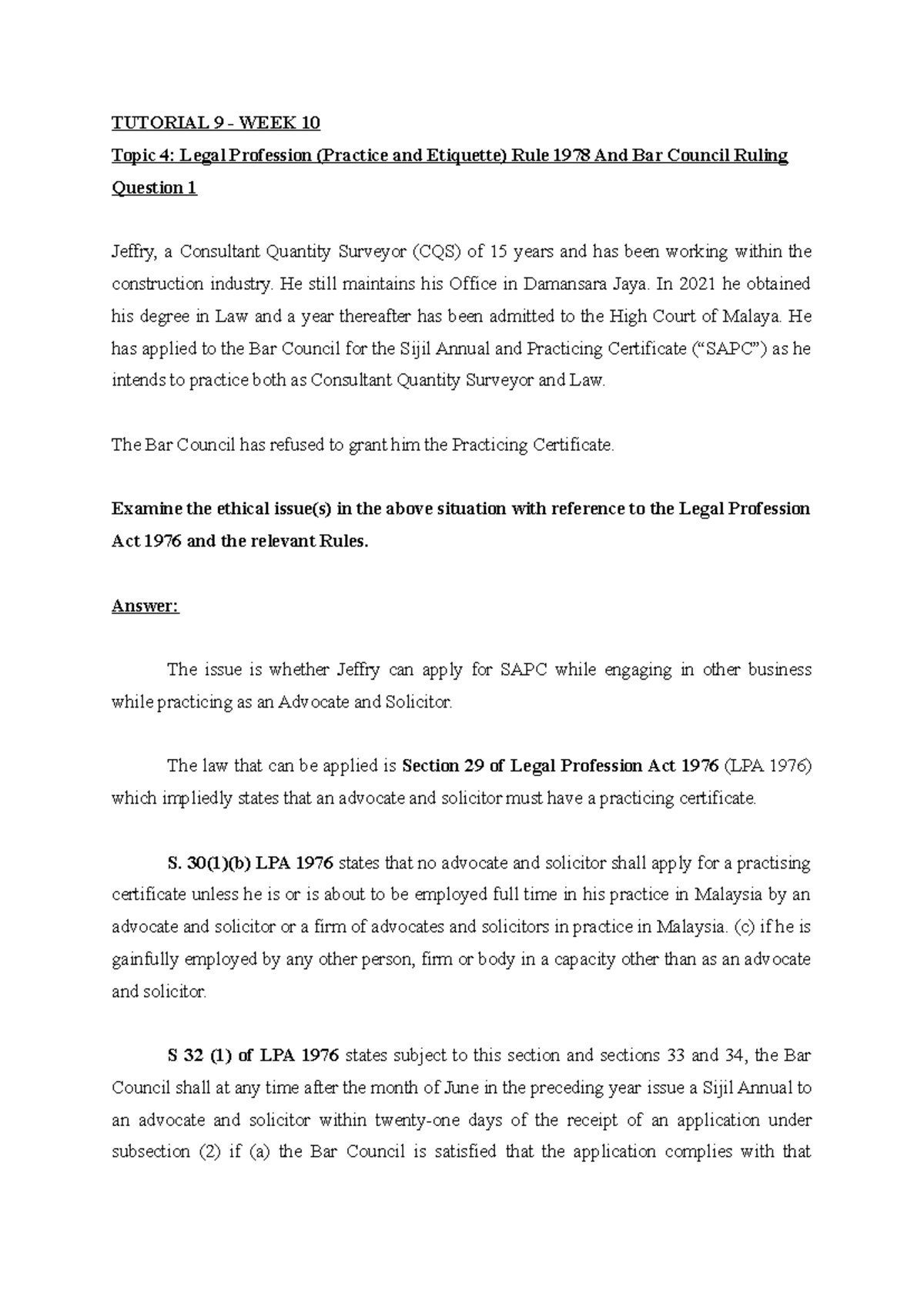Tutorial 9 Week 10 Question 1 - TUTORIAL 9 - WEEK 10 Topic 4: Legal ...