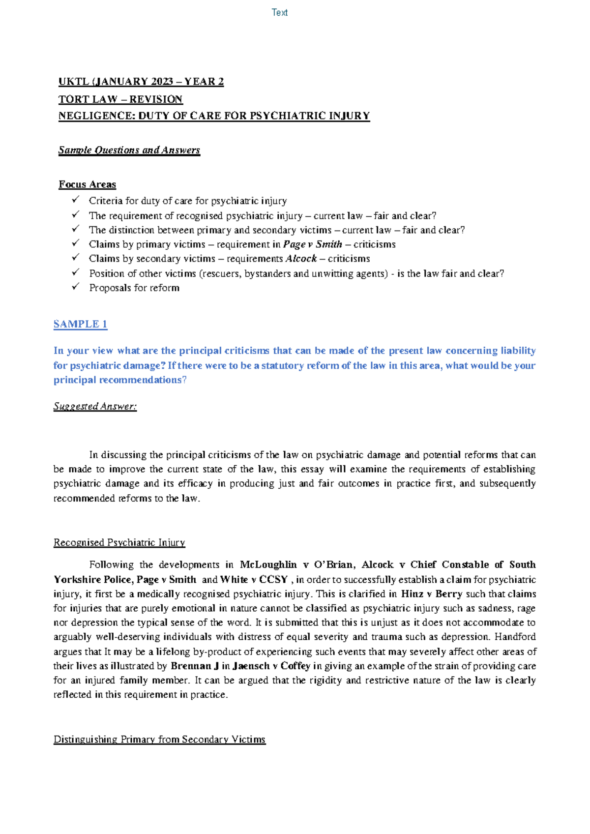 Negligence Dutyof Care Psychiatric Injury Answer Guide - UKTL (JANUARY ...
