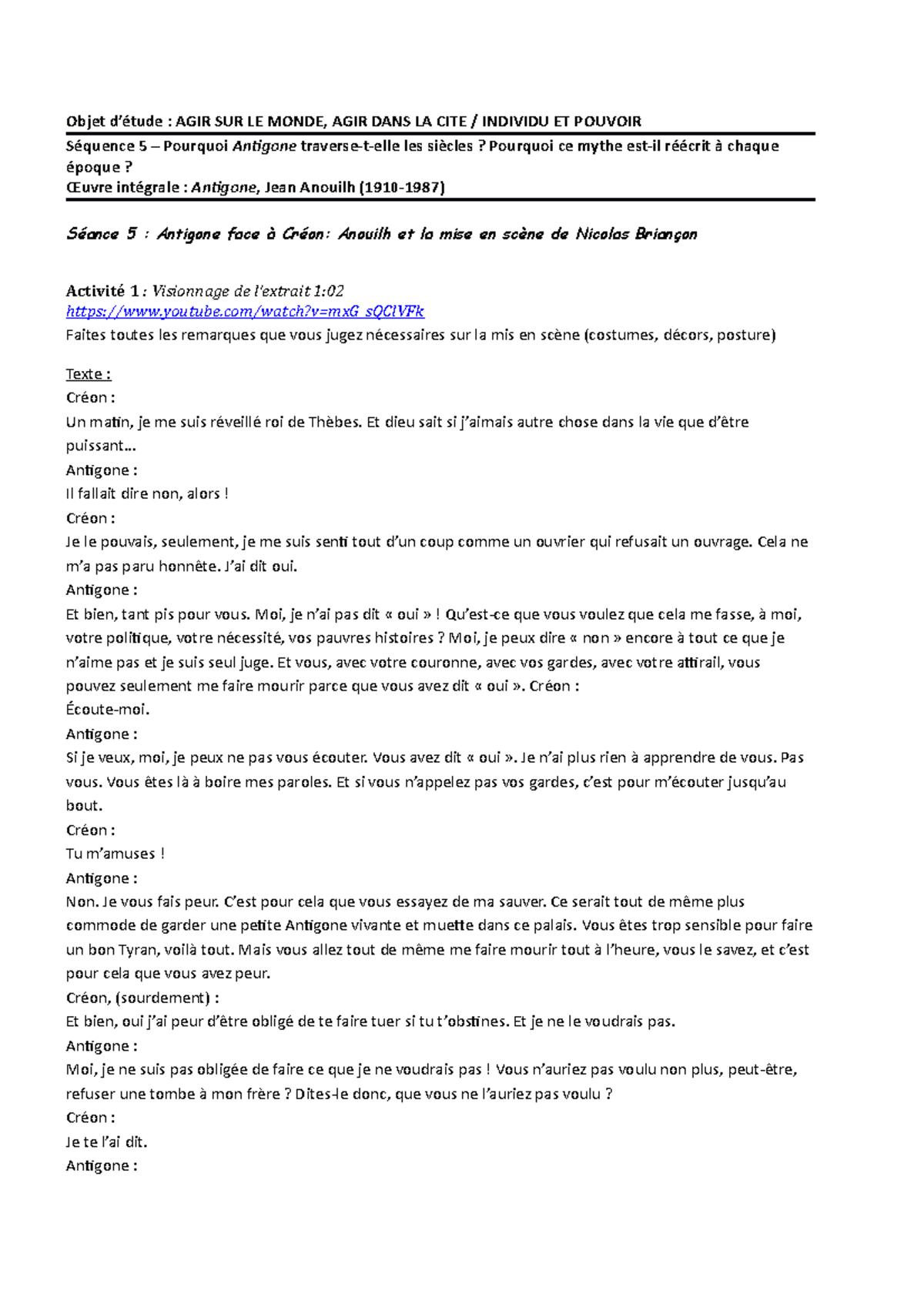 Anouilh séance 5 - Antigone face à Créon - fiche élève - Objet d’étude ...