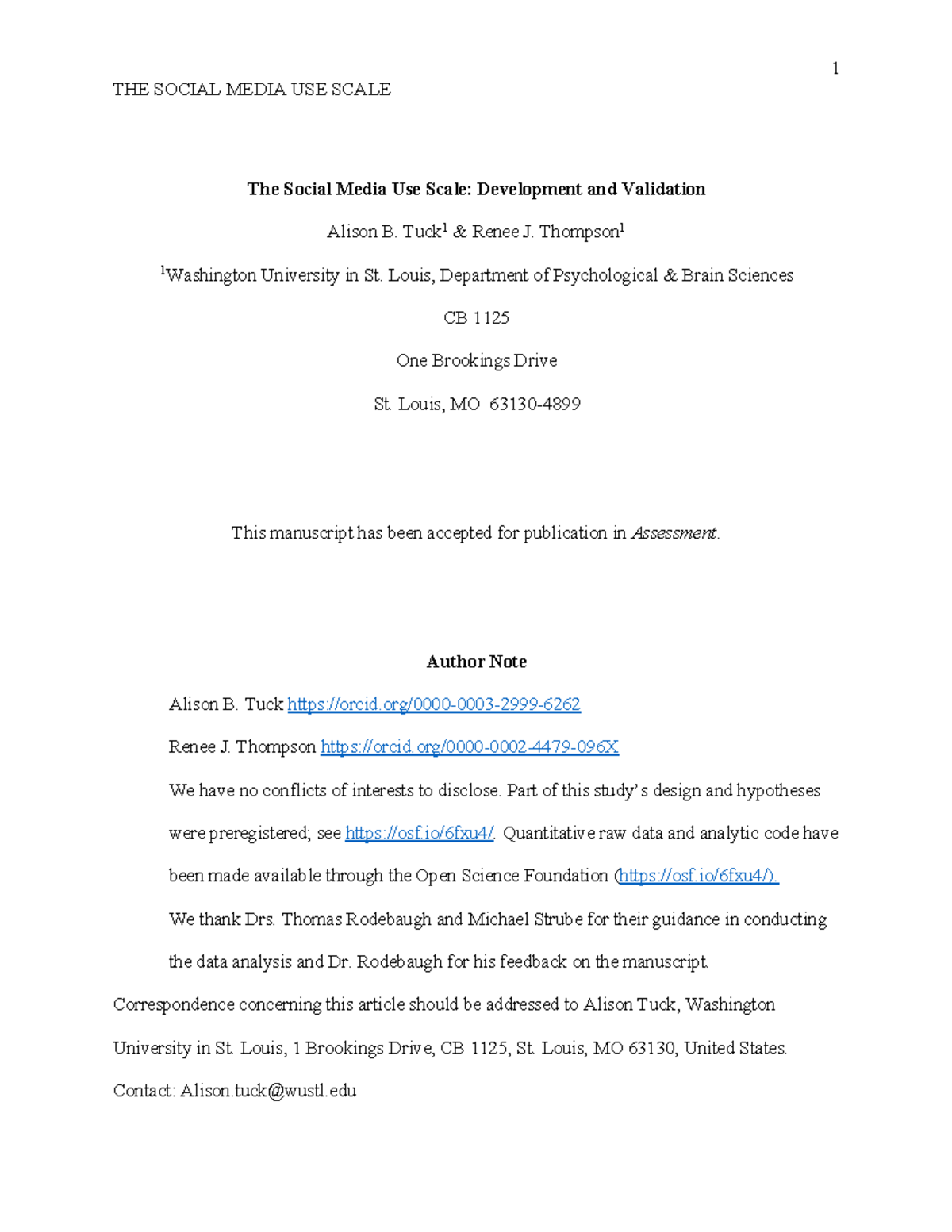 SMUS Manuscript - For research purposes - THE SOCIAL MEDIA USE SCALE The Social Media Use Scale ...