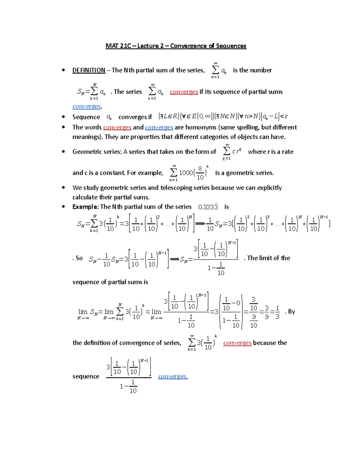 Mat 21c Lecture 2 Convergence Of Sequences Mat 21c Lecture 2 Convergence Of Sequences N