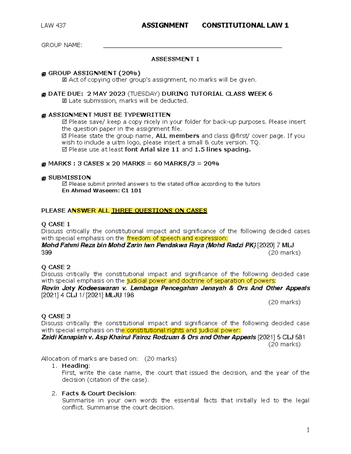 LAW437 Group Assessment I CASE Review ( April 2023)[369] - LAW 437 ...