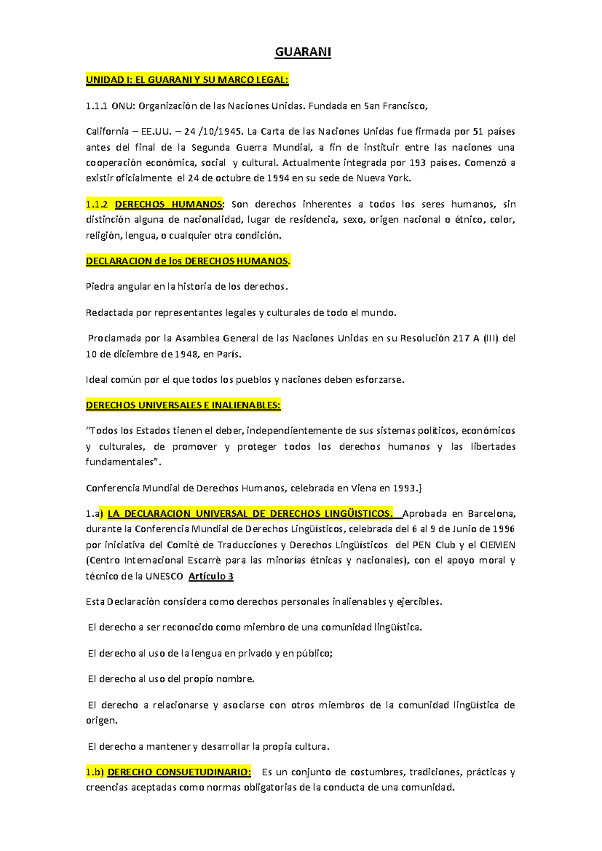Resumen Guarani PDF - Que les siirva - GUARANI UNIDAD I: EL GUARANI Y SU MARCO LEGAL: 1.1 ONU ...