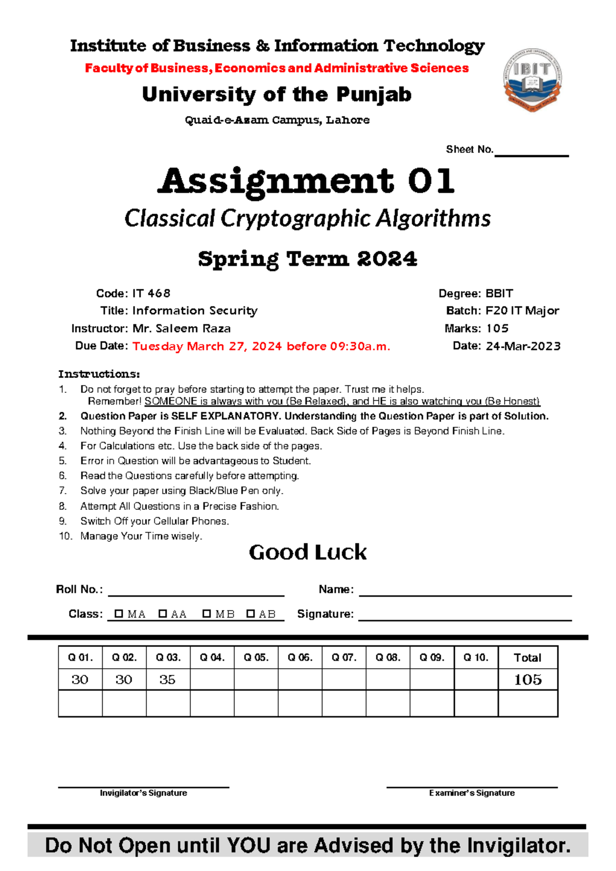 S24 NIS F20 A01 Classical Symetric Key Algorithms - Do Not Open until ...