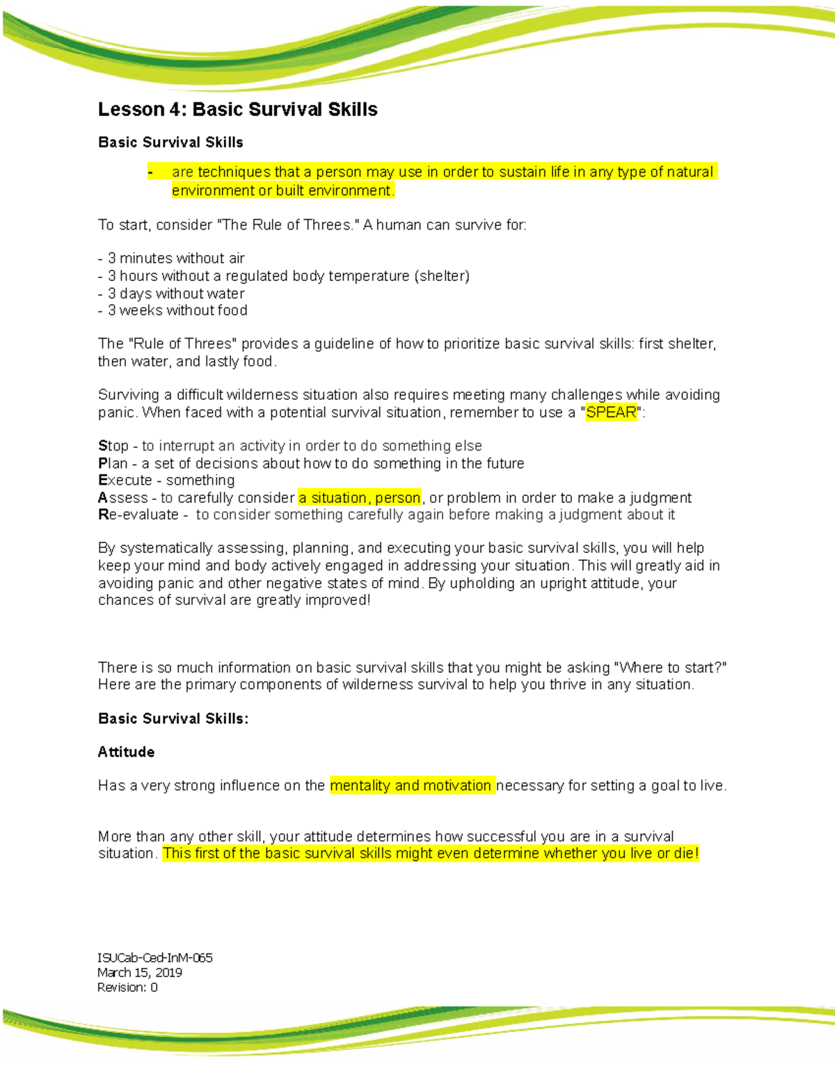 PEd Elect 1 Lesson 4 - Vhh - Lesson 4: Basic Survival Skills Basic ...