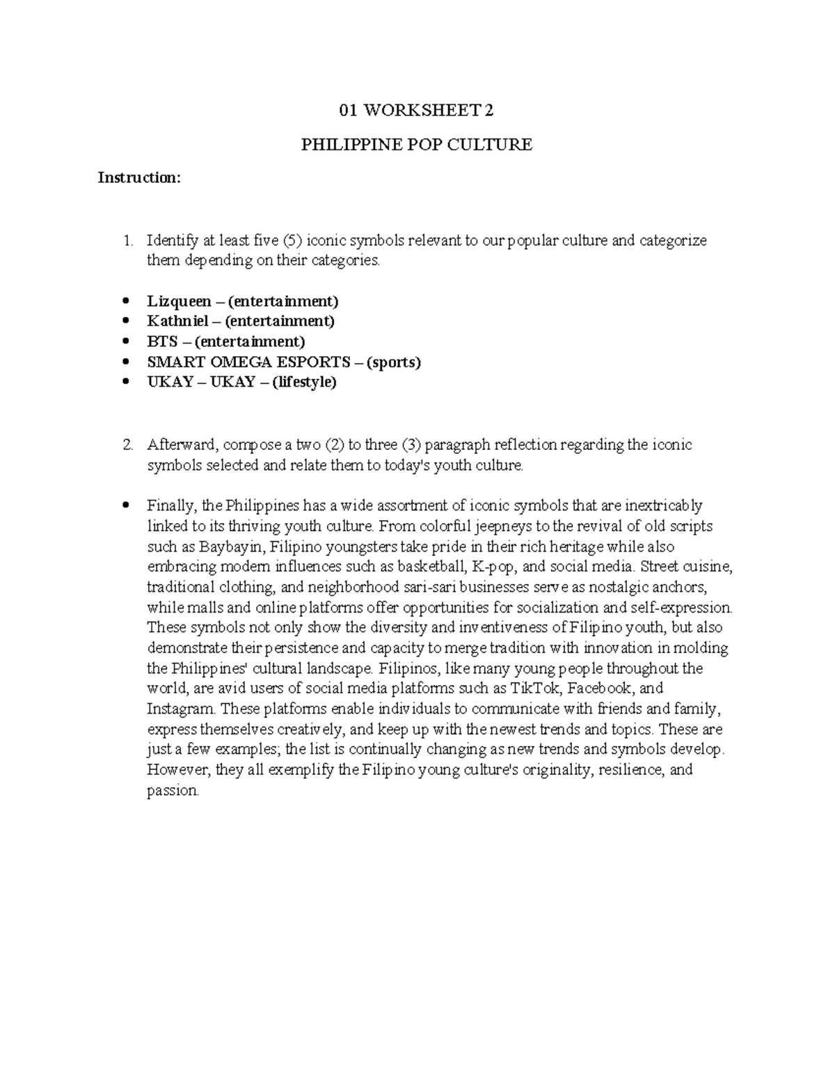 01 Worksheet 2 Philippine Popular Culture - 01 WORKSHEET 2 PHILIPPINE ...