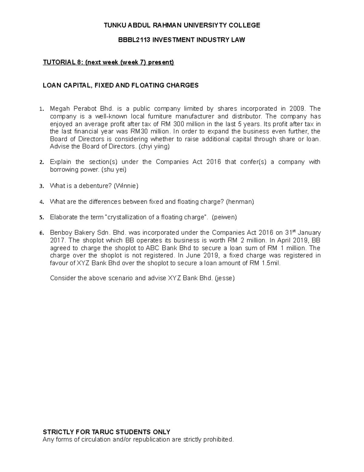 Tutorial 8 - LAW - TUNKU ABDUL RAHMAN UNIVERSIYTY COLLEGE BBBL2113 ...