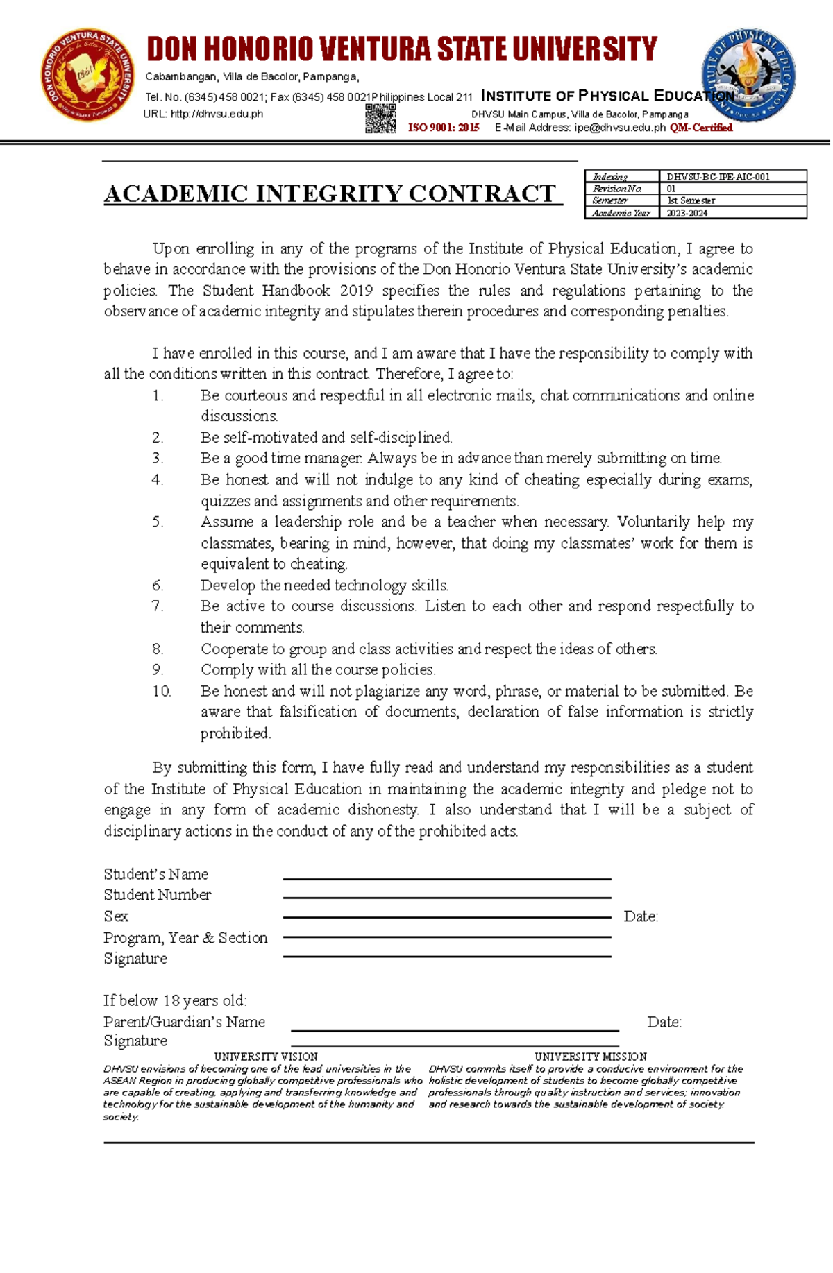 Form-3 Academic-Integrity-Contract - DON HONORIO VENTURA STATE ...