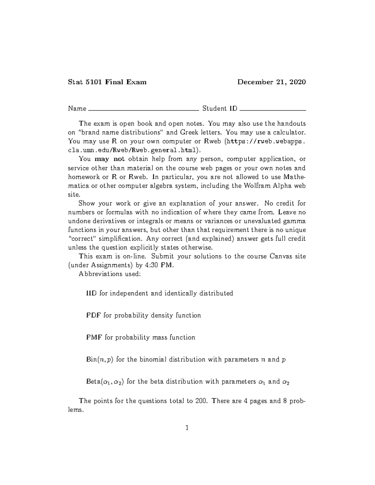Final sample - lecture notes - Stat 5101 Final Exam December 21, 2020 ... Final sample - lecture notes - Stat 5101 Final Exam December 21, 2020 ...
