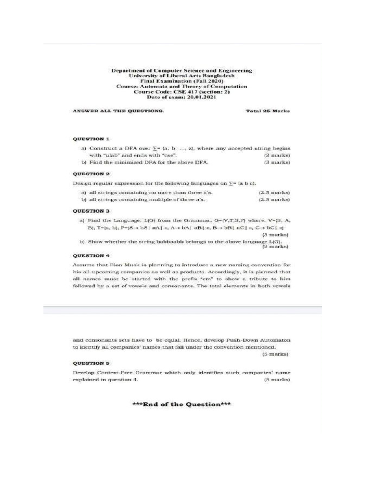 Final Fall 20 Section 2 - ... - Automata and Theory of Computation ...