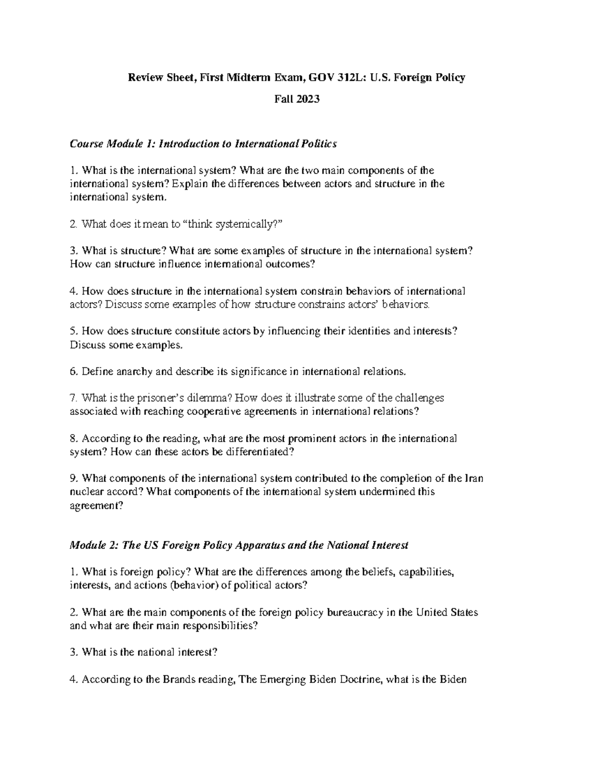 GOV 312 Fa23 Review sheet midterm 1 091123 - Review Sheet, First Midterm Exam, GOV 312L: U ...