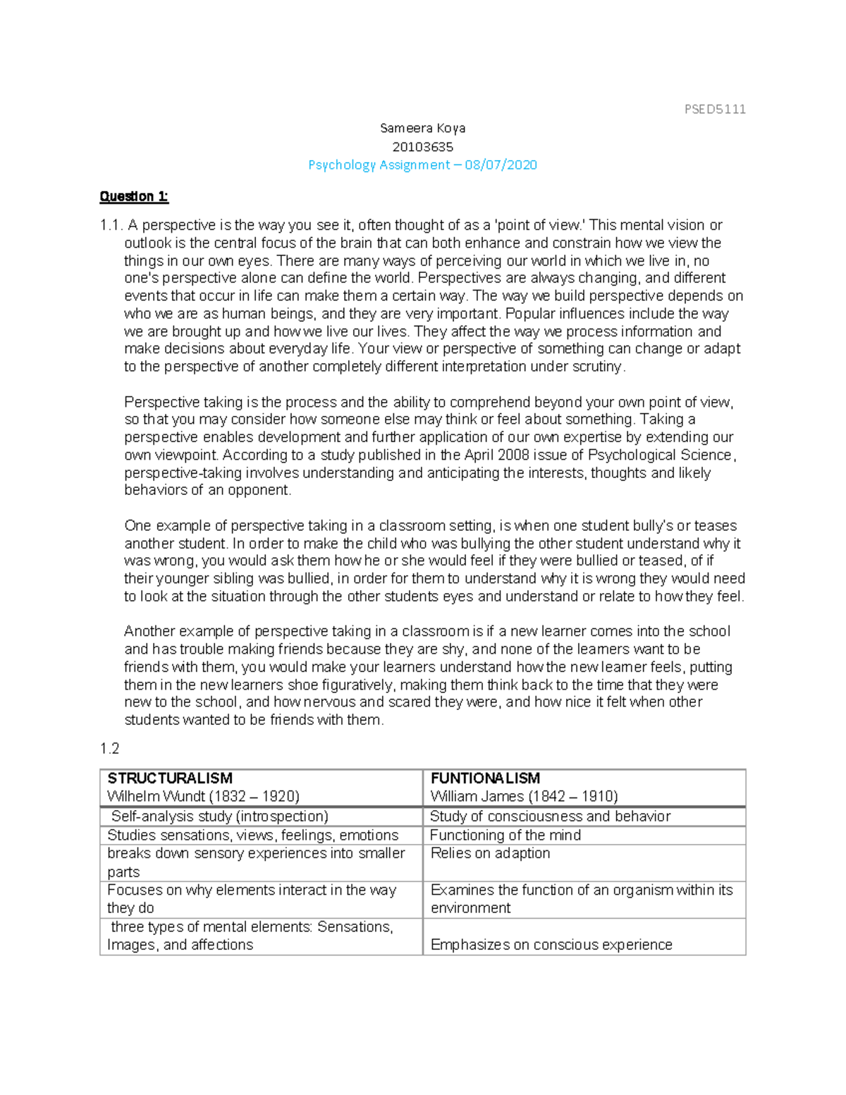 First Year Psych assignment - PSED Sameera Koya 20103635 Psychology ...