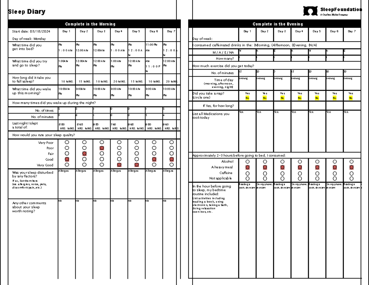 Sleep Foundation Sleep Diary - Sleep Diary SleepFoundation A OneCare ...