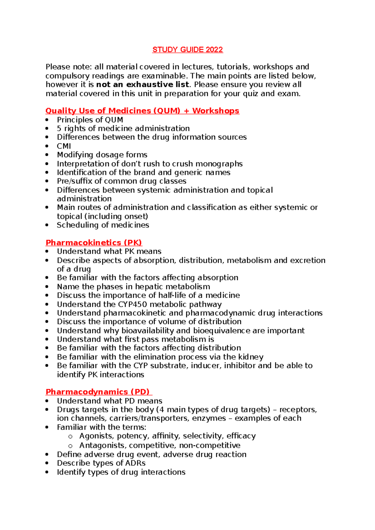 Study Guide 2022 - STUDY GUIDE 2022 Please note: all material covered ...