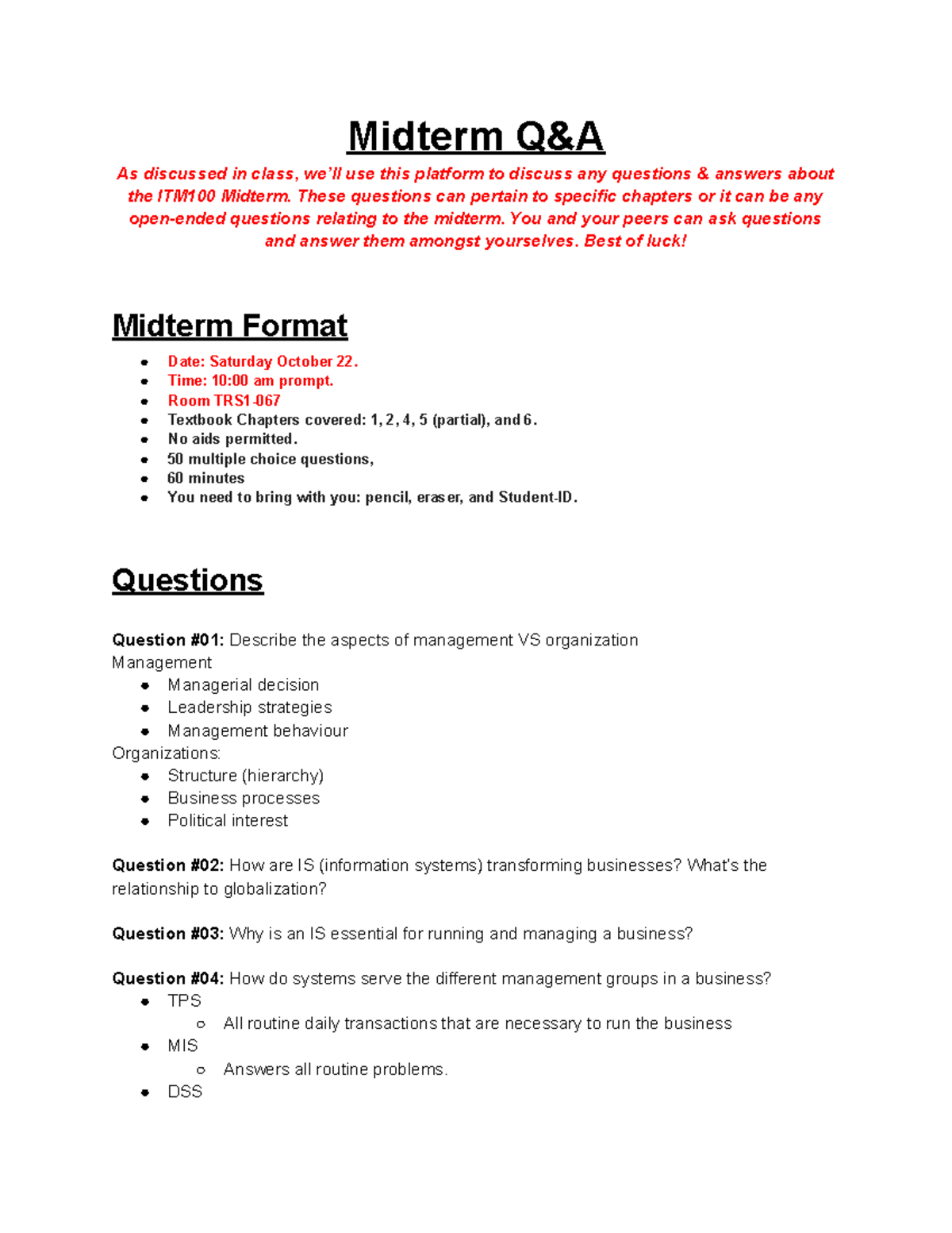 ITM100 Midterm QA - Found on shared BTM resources - Midterm Q&A As discussed in class, we’ll ...