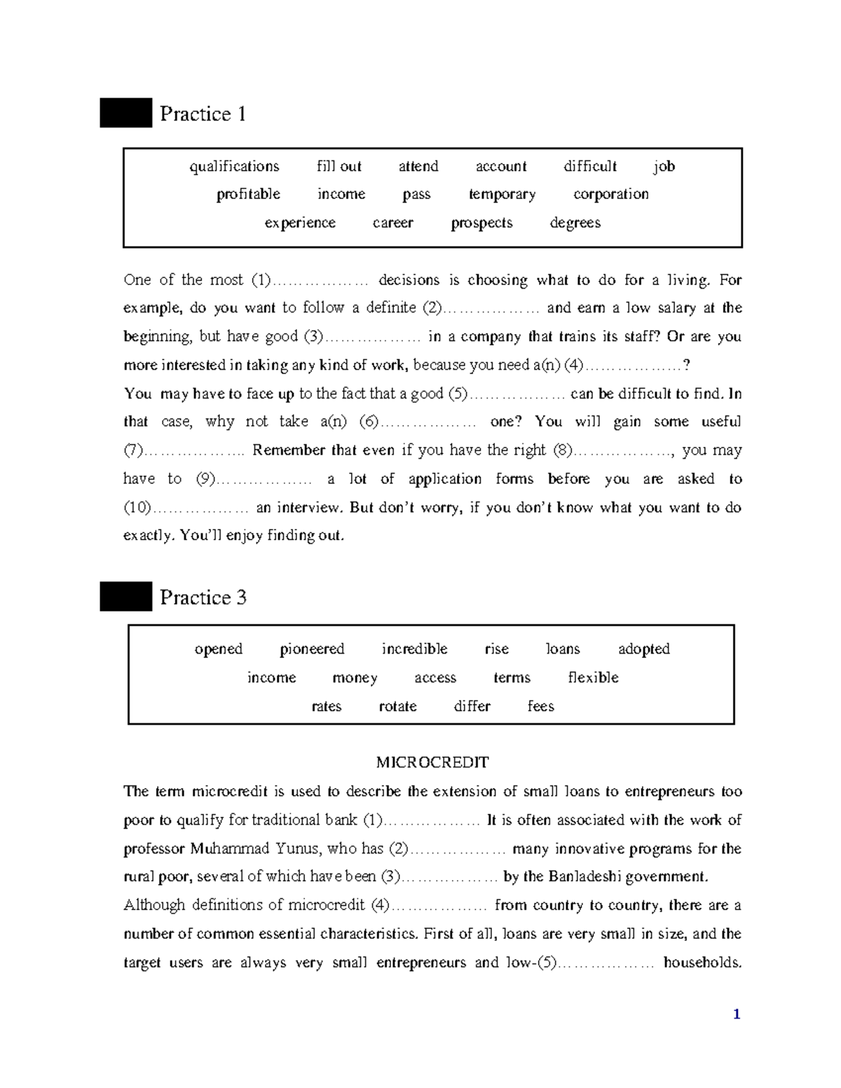 6. Reading Cloze - Test English - 1 + Practice 1 qualifications fill ...